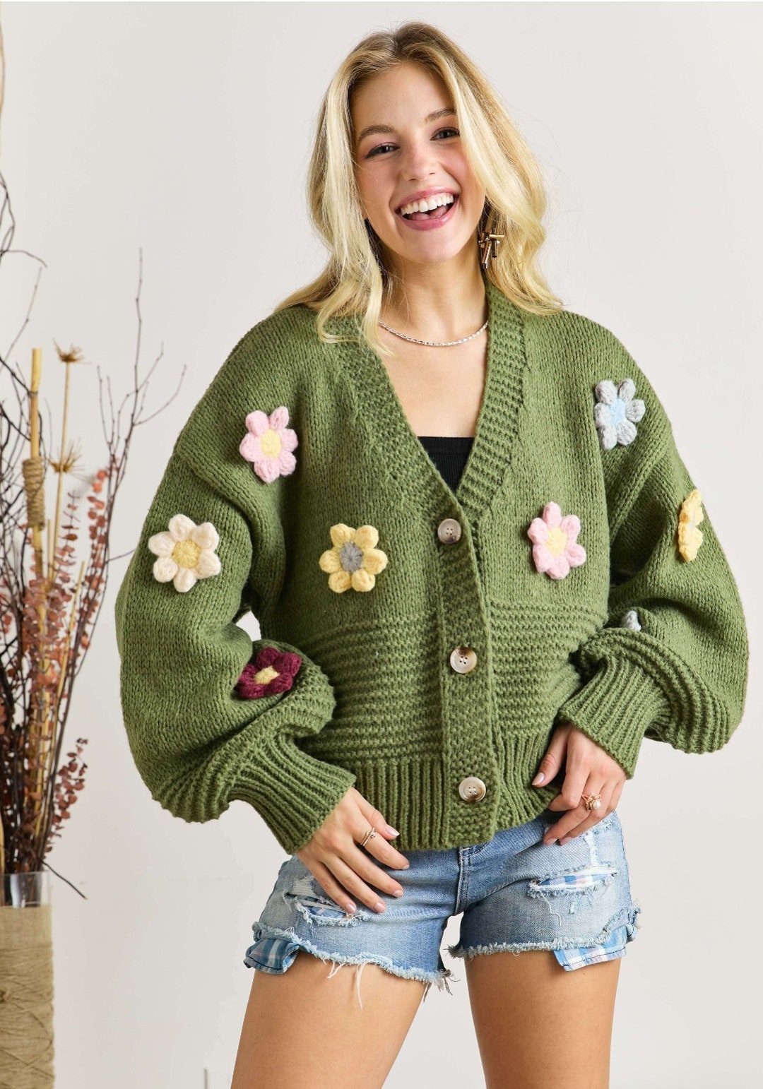 Daisy Chunky Knitted Floral Cardigan Women's Knitted - Etsy