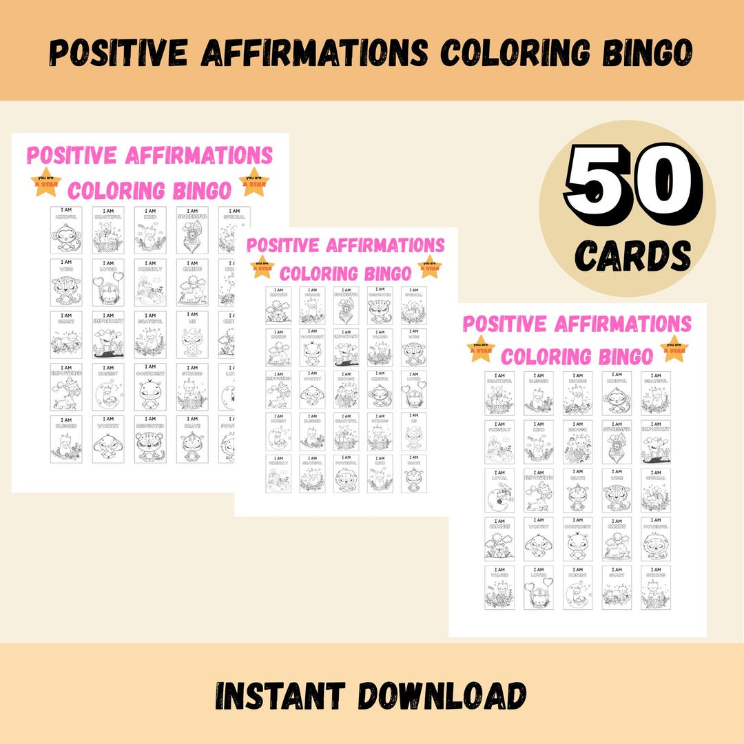 Positive Affirmations Coloring Bingo Game | Mindfulness, Motivation ...