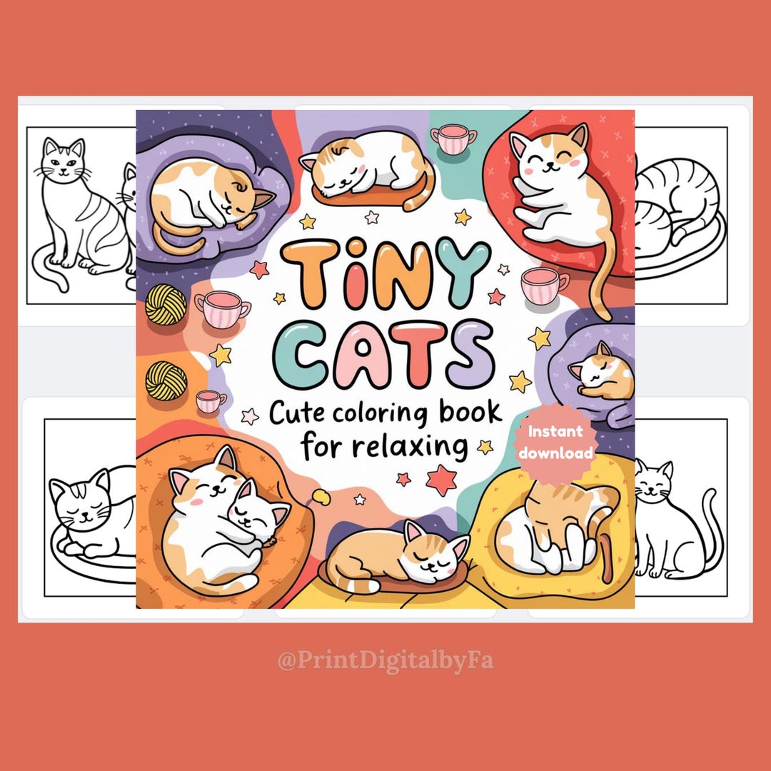 Tiny Cats Coloring Book Cute & Relaxing 22 Coloring Pages Digital ...