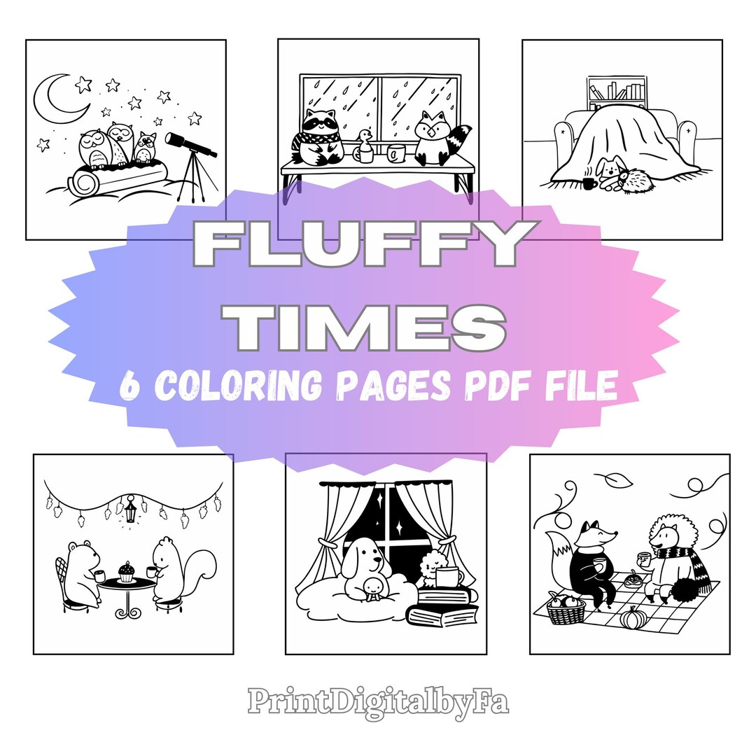 Fluffy Times |6 Cozy Coloring Pages | Cute |adorable Animal Characters ...