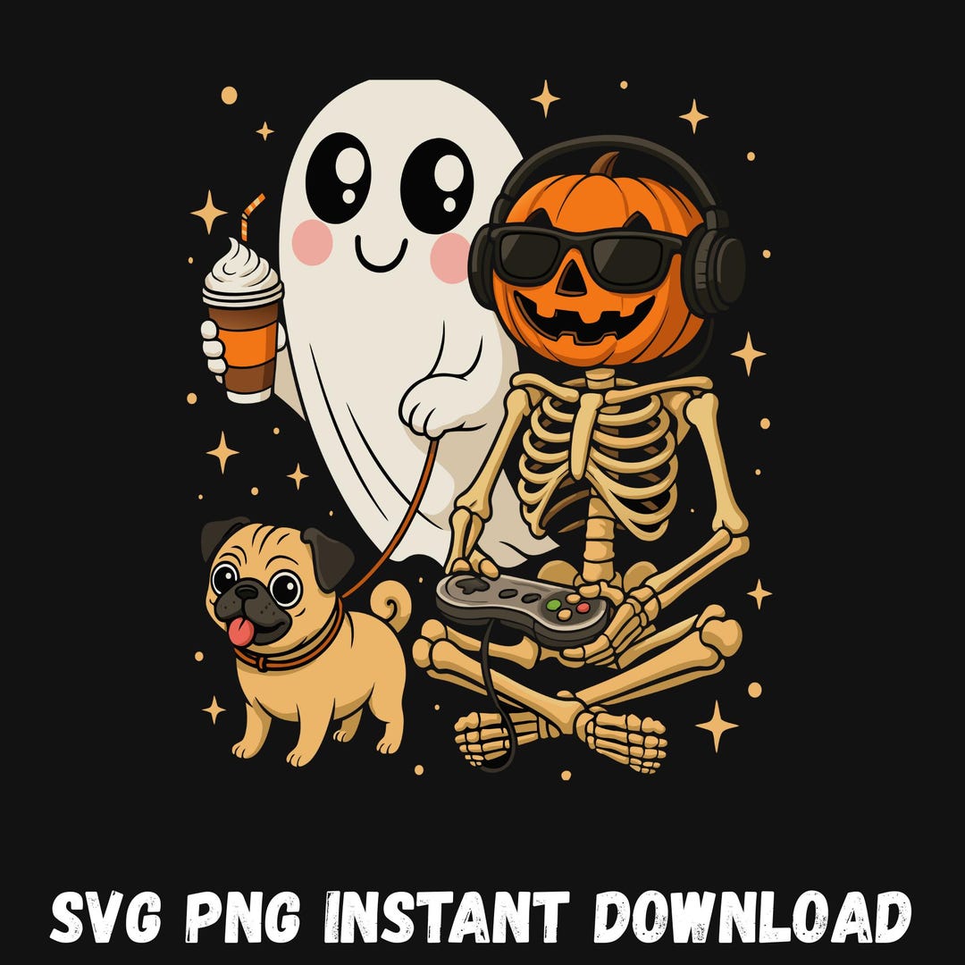 Funny Halloween Gamer Pug PNG: Spooky Pumpkin Skeleton Ghost (digital ...