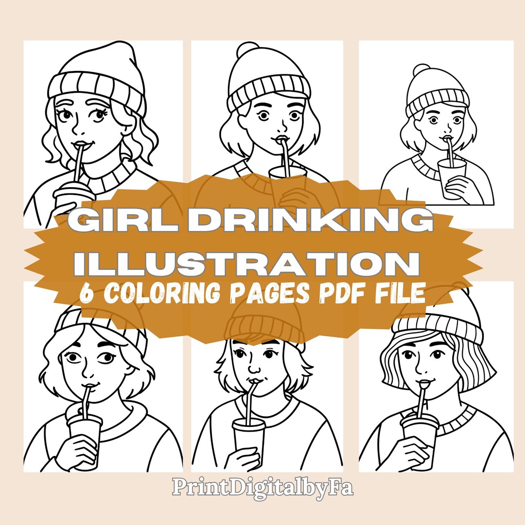 Girl Drinking Illustration Coloring Page | Trendy Beanie Girl Printable ...