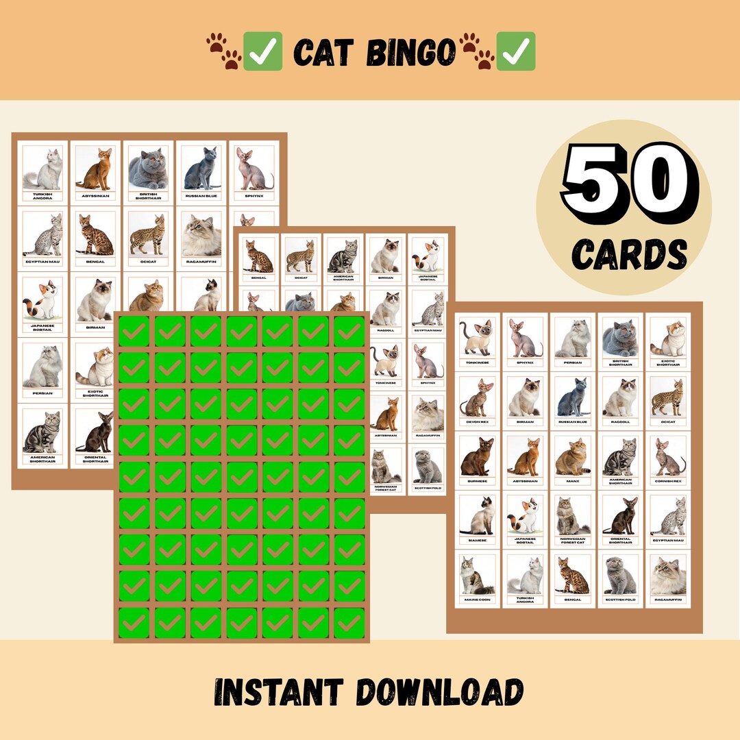 Cat Bingo Game: 50 Printable Cards, Family Party Activity (instant ...