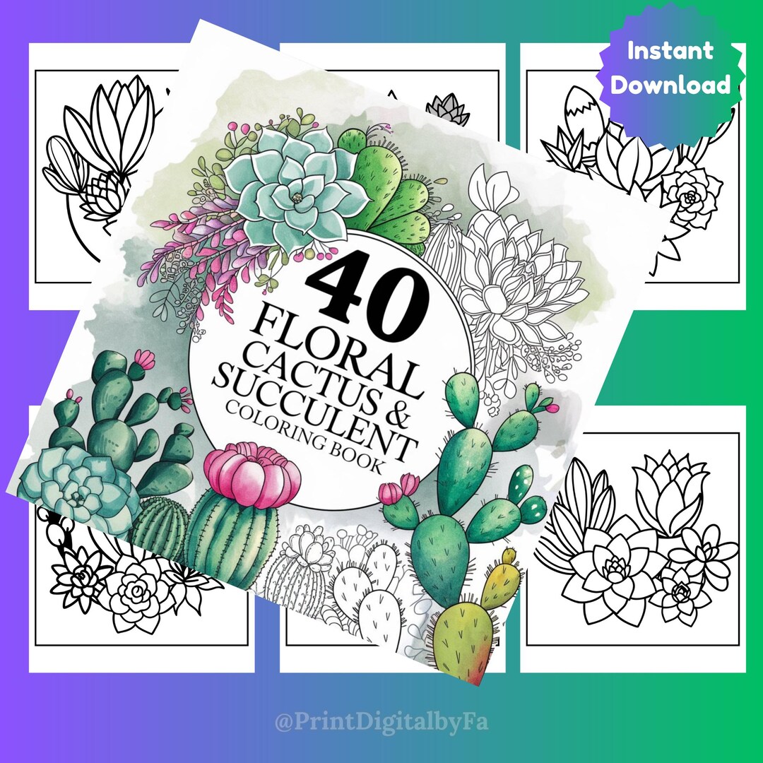 Floral Cactus & Succulent Coloring Book: 40 Grayscale Pages (printable ...