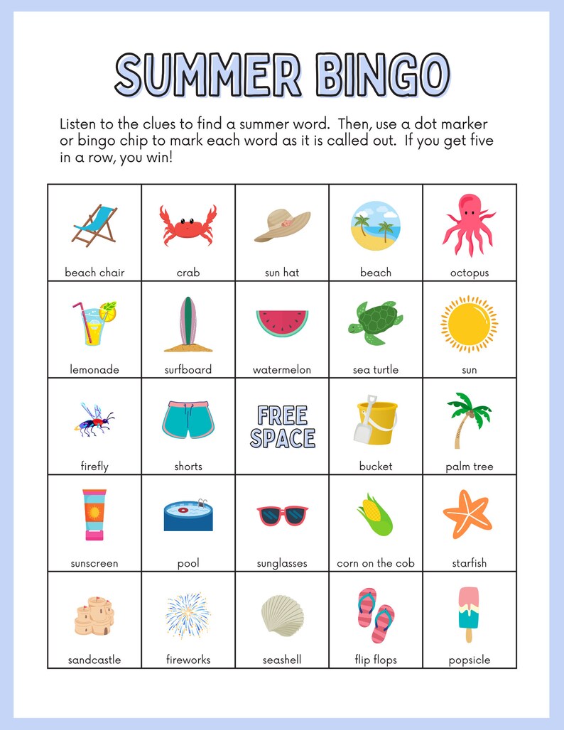 Fun Bingo ,school ,games, Summer Games , Educational Worksheet - Etsy