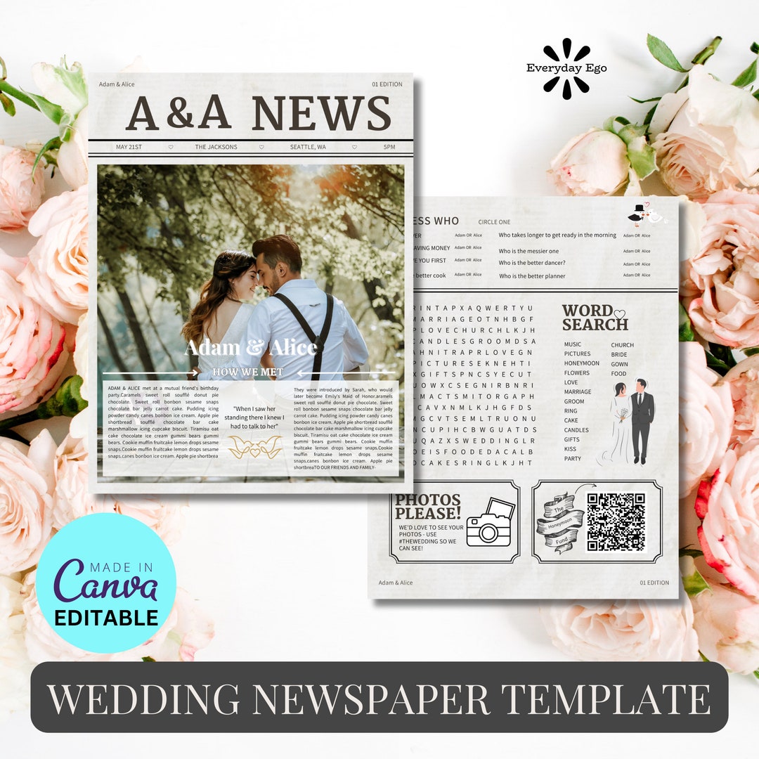 Wedding Newspaper Template | Canva Template | Newspaper Wedding Program ...