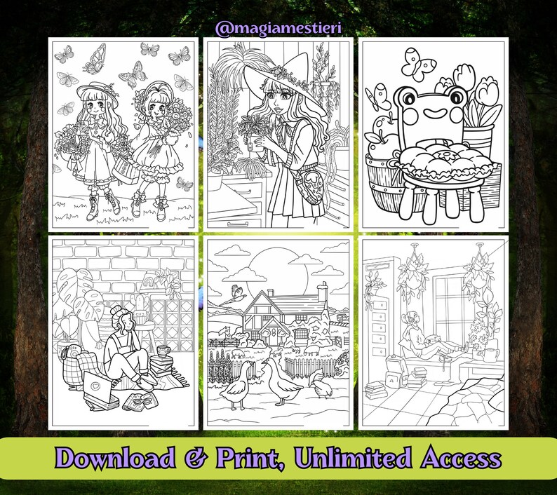 Cozy Fantasy Coloring Pages, 40 Sheets, Cute Coloring Book, Magical ...