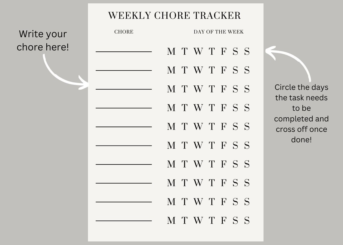 Weekly Chore Tracker Printable/chore Chart/ Minimalistic Chore Tracker ...