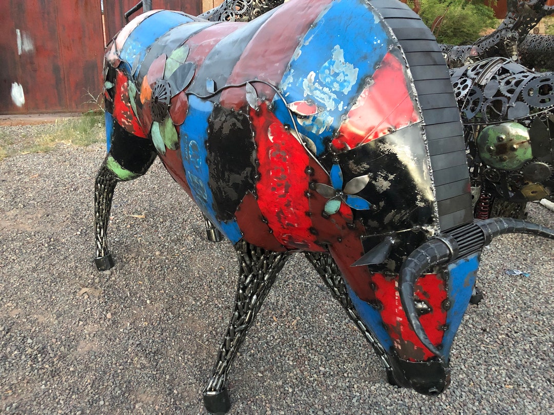 Colored Bull Metal , Statue, Steel Animal Figurine, Wildlife Art ...