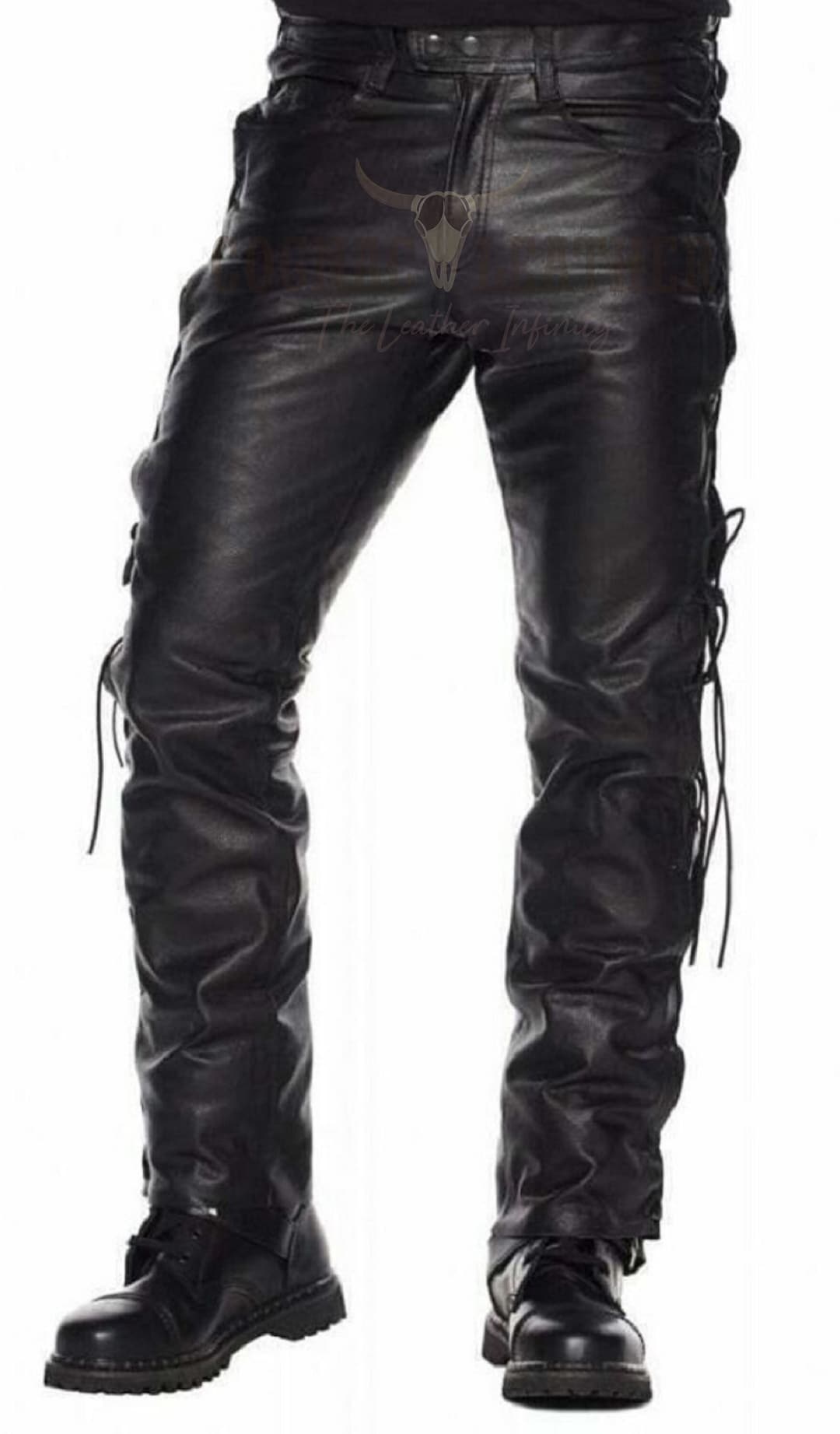 Mens Pure Black Leather Pants Leather Laced Pants Biker - Etsy