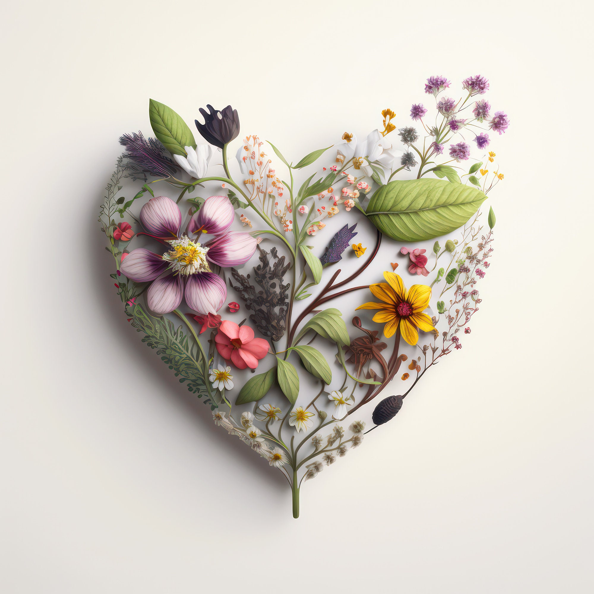Flower Heart Print Heart of Flowers Printable Heart Poster AI Art Wall ...