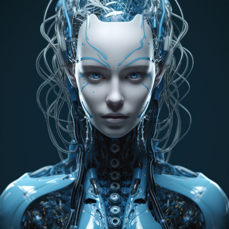 Blue Robot Girl Print Cyborg Girl Cybernetic Poster Futuristic Printable Sci Fi Wall Art Home