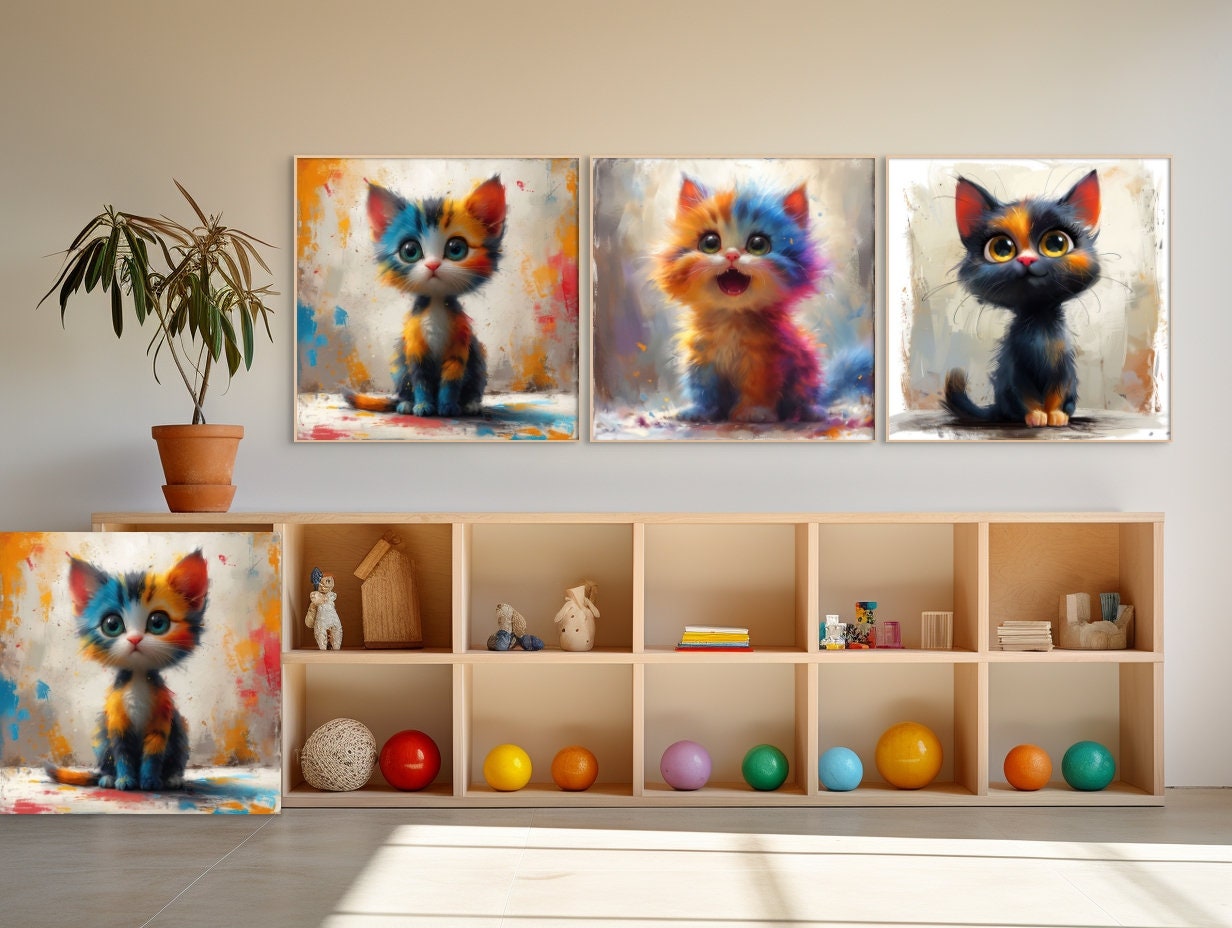 Colorful Cat Kitten Painting Pet Portrait Wall Art Print Home Décor ...