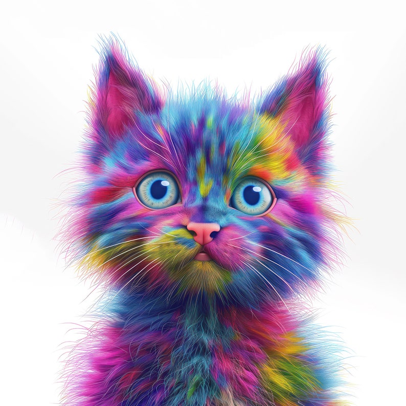Colorful Cat Printable Cartoon Cat Print Cute Cat Wall Art Cat Portrait ...