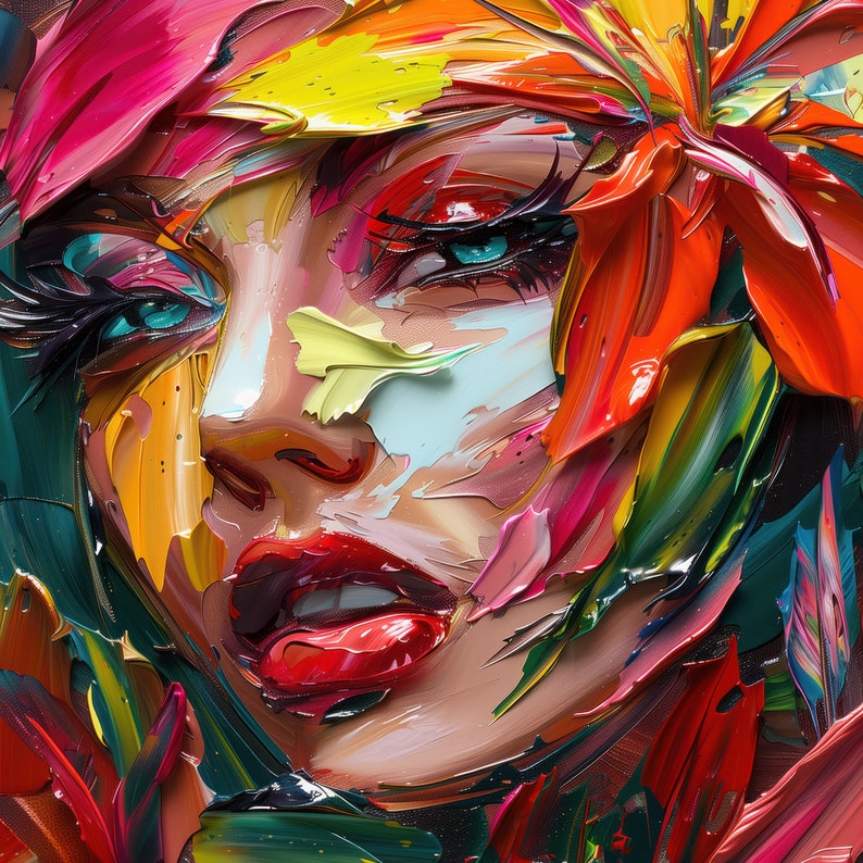 Colorful Woman Portrait Wall Art Print Girl With Flowers Poster Home ...