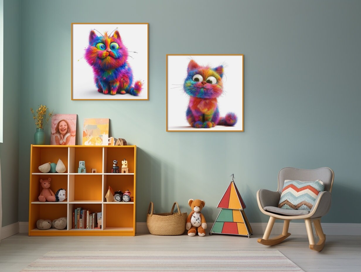 Colorful Cat Printable Cartoon Cat Print Cute Cat Wall Art Cat Portrait ...