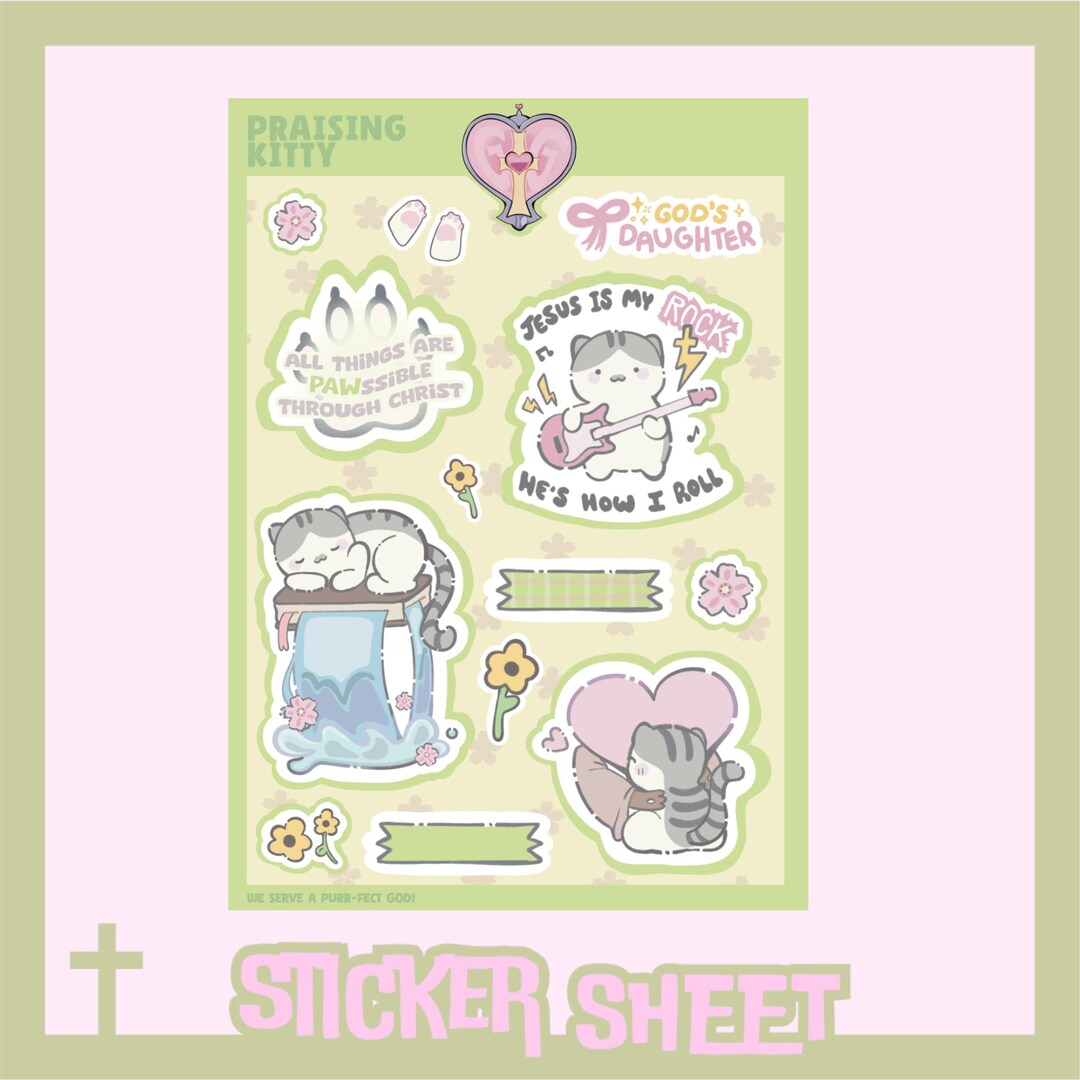 PRAISING KITTY Sticker Sheet Christian Stickers Faith Adorable Kawaii ...