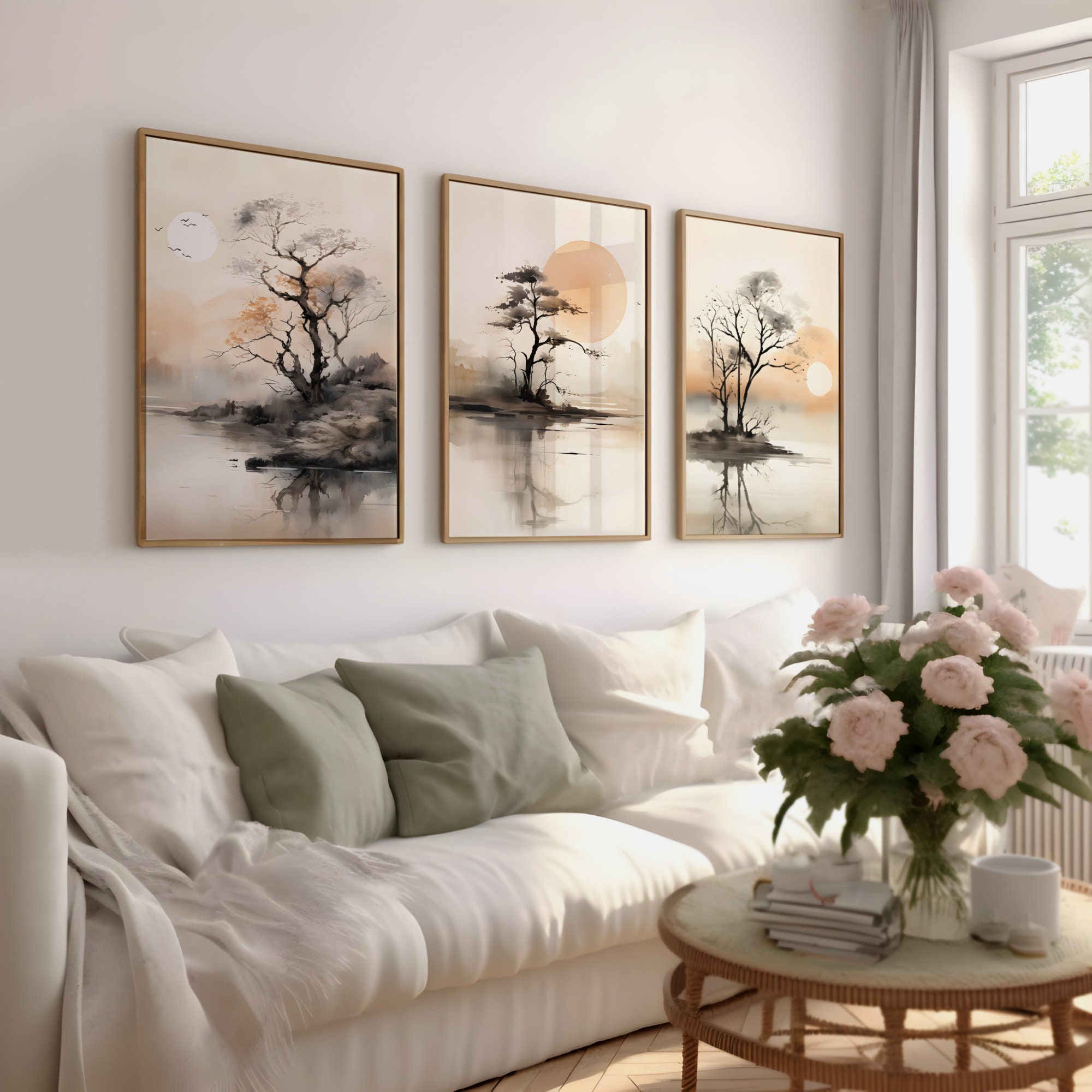 Japandi Wall Art, Tree and Lake Digital Download Printable Wall Art Set ...