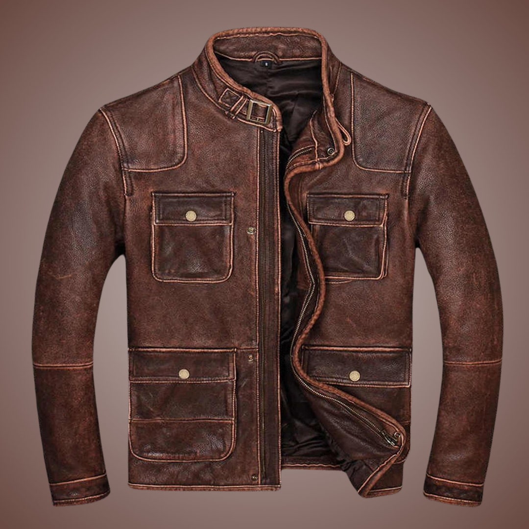 Men's Brown WWII Vintage Motorcycle Leather Jacket-handmade Real ...