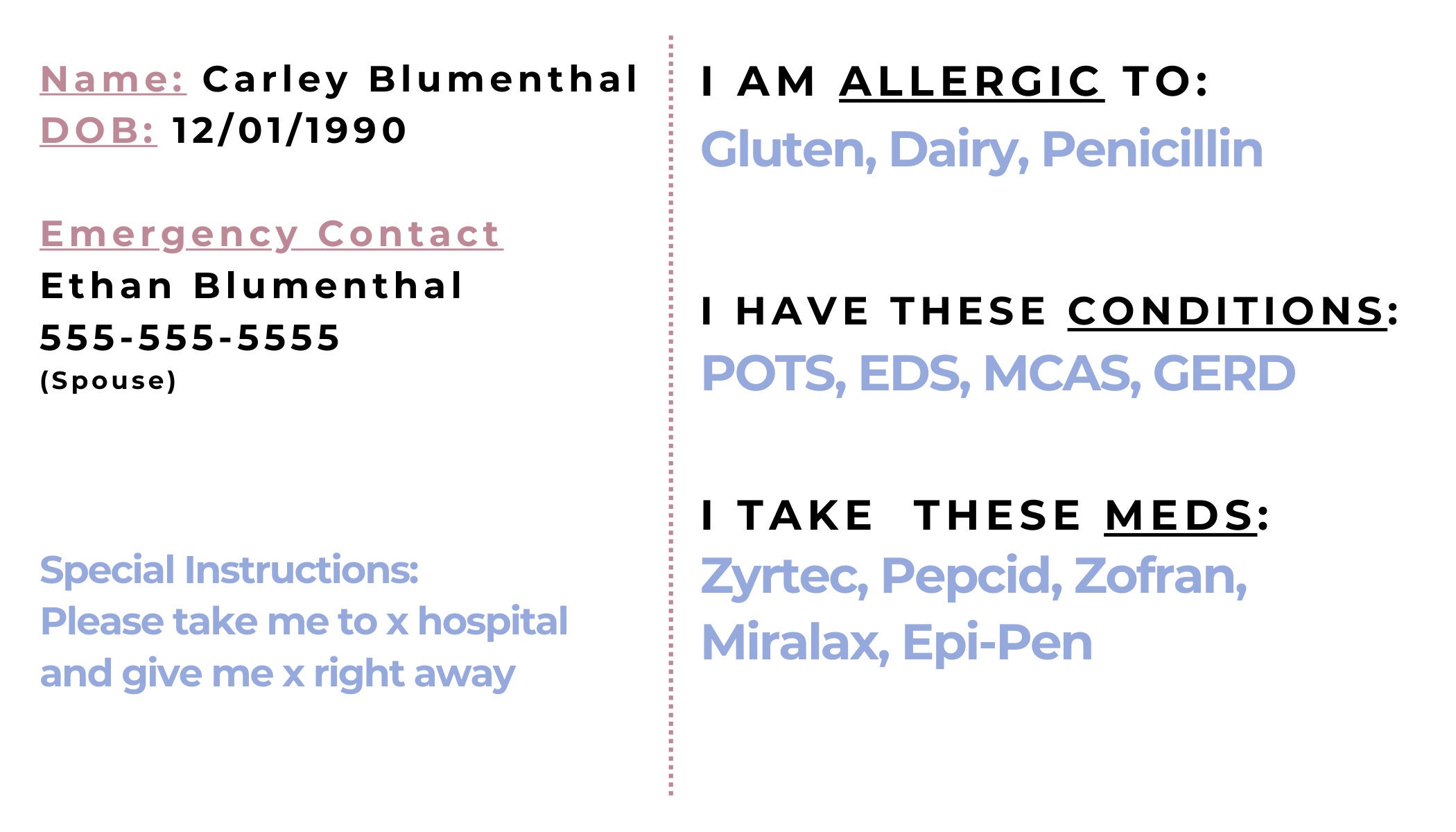 Customizable Medical Alert Card | Emergency Health Info (CANVA Template ...