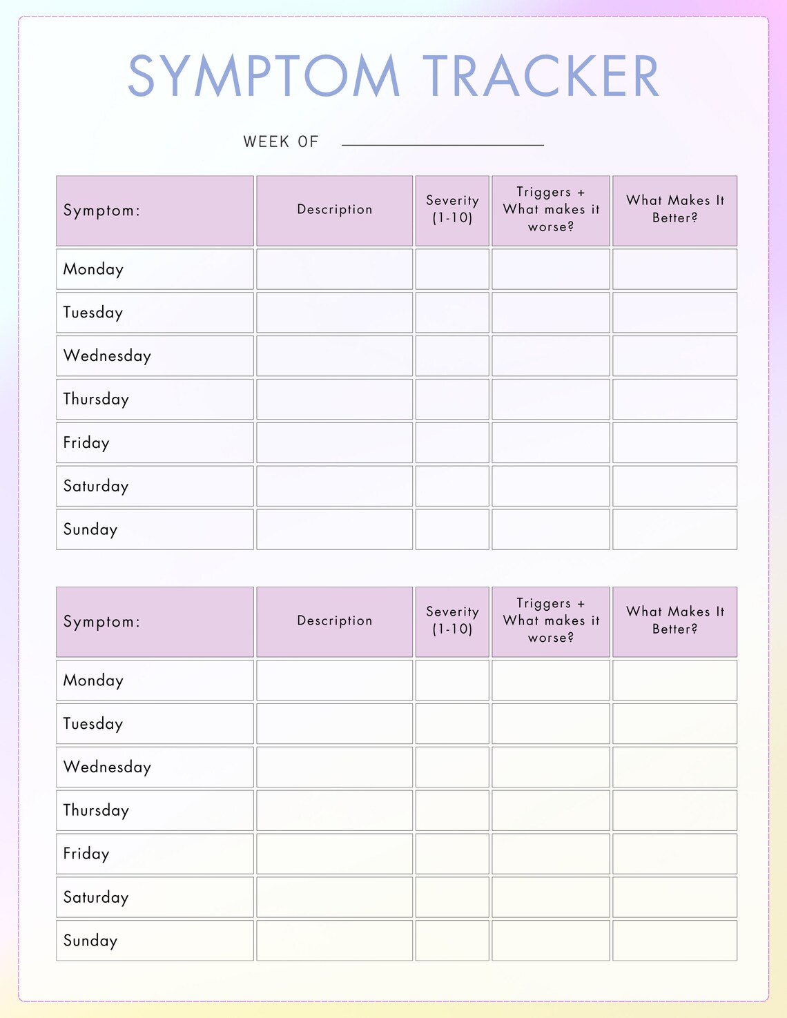 Chronic Illness Weekly Symptom Tracker | Spoonie Medical Organizer ...