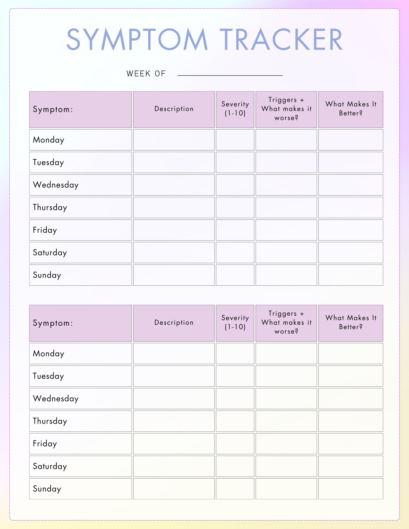 Chronic Illness Weekly Symptom Tracker | Spoonie Medical Organizer ...