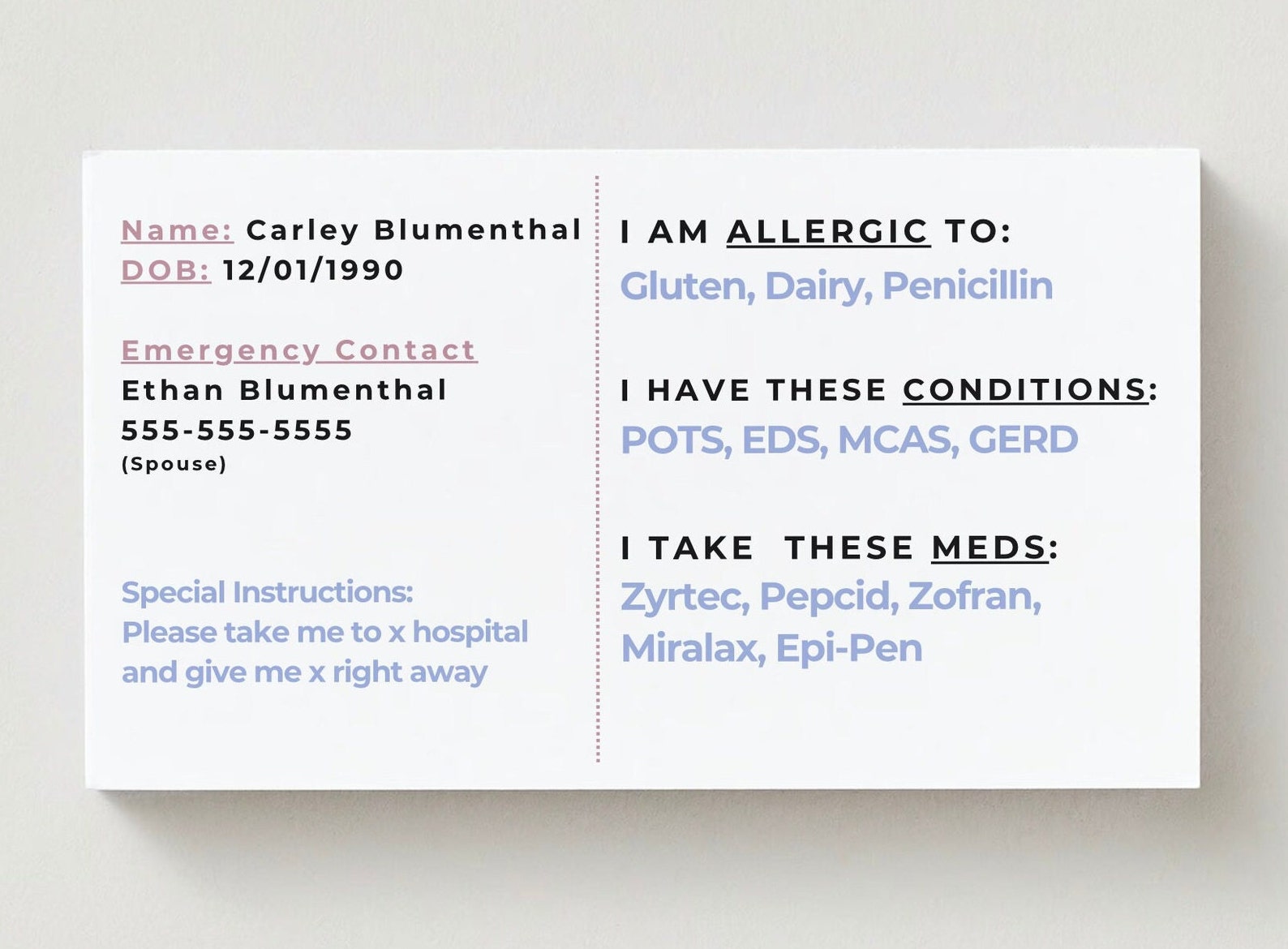 Medical Alert Card Printable | Emergency Health Info | Chronic Illness ...