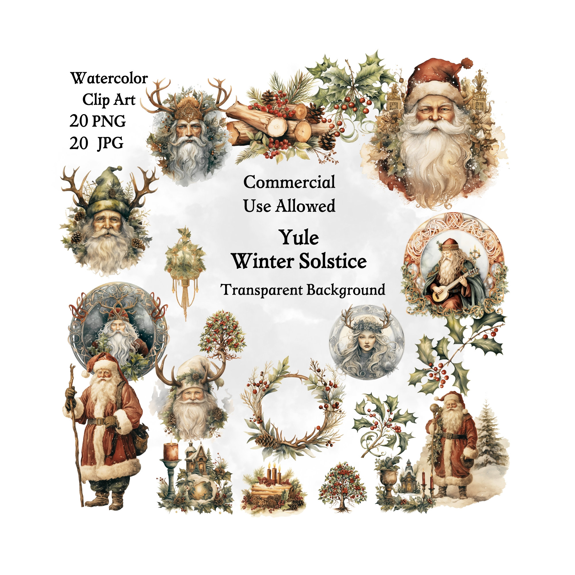 Yule Clip Art Watercolor 20 PNG Transparent Background + 20 JPG Yule ...