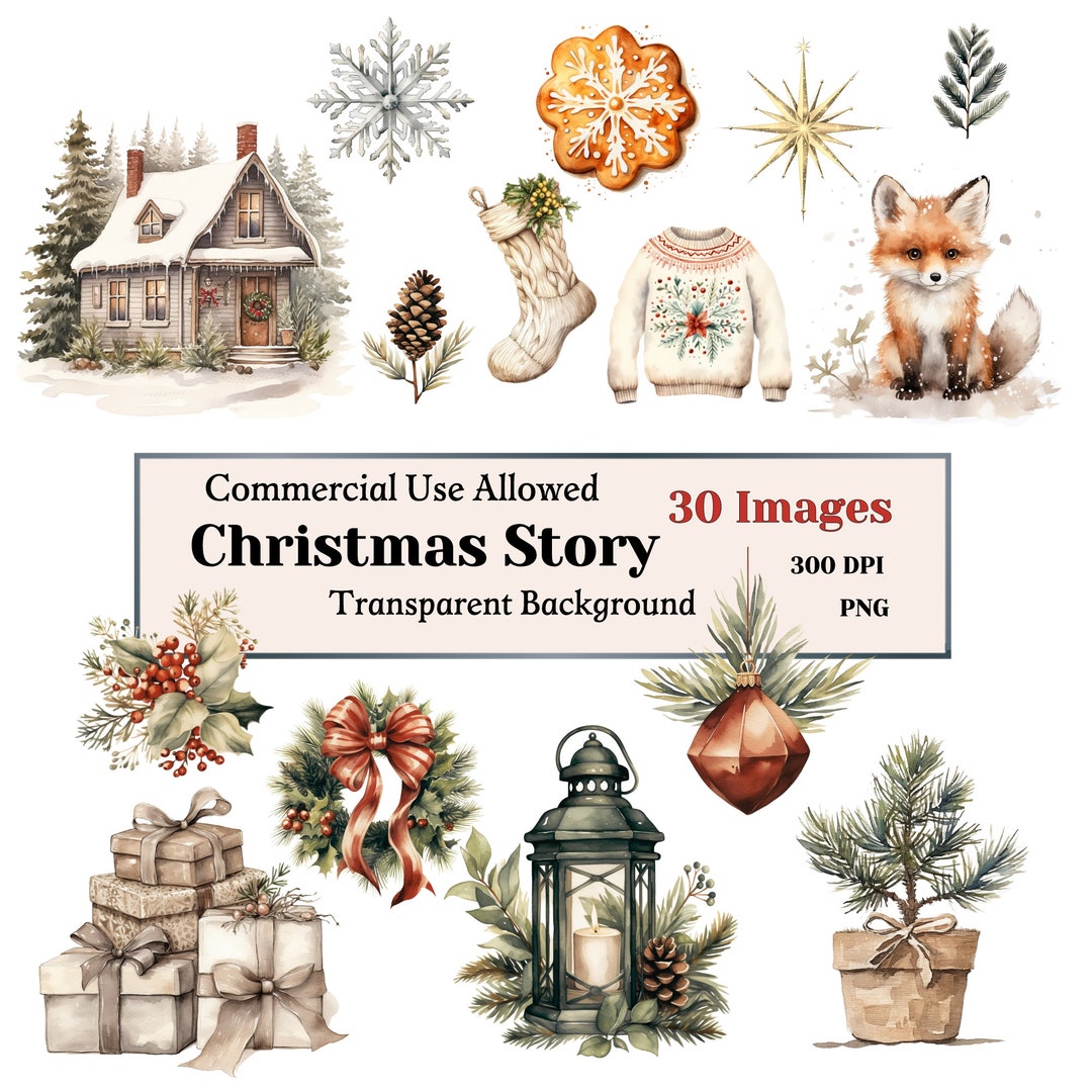 Watercolor Christmas Story Clip Art 30 PNG Transparent Background ...