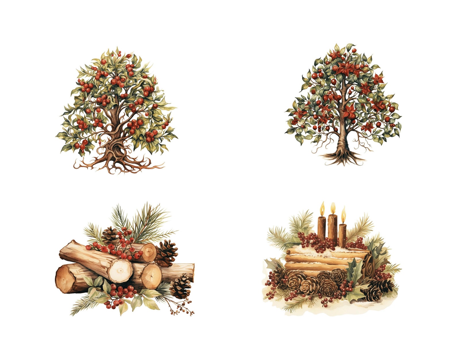 Yule Clip Art Watercolor 20 PNG Transparent Background + 20 JPG Yule ...