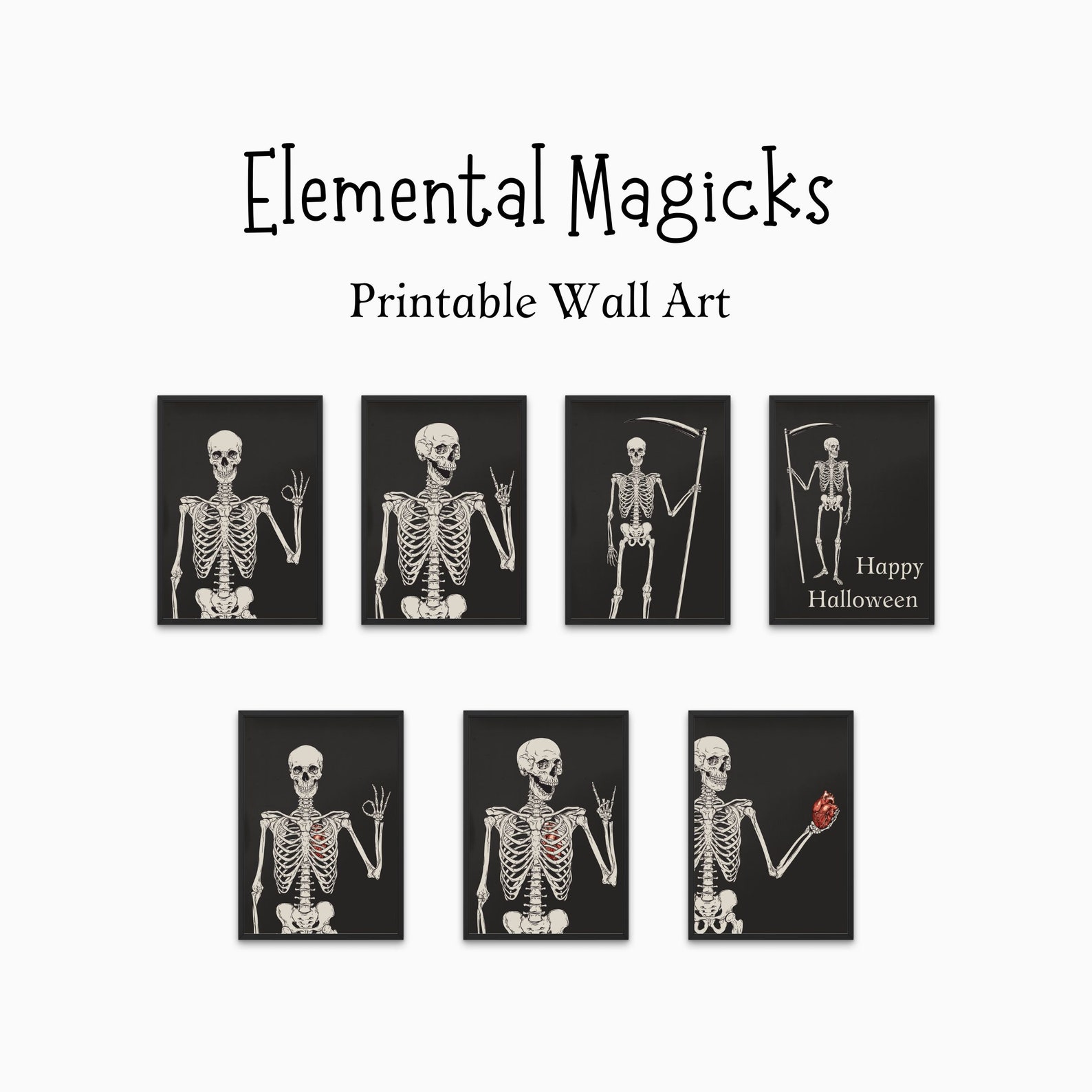 Skeleton Wall Art Halloween Decor Skeleton Print Set of 7 Prints Heart ...