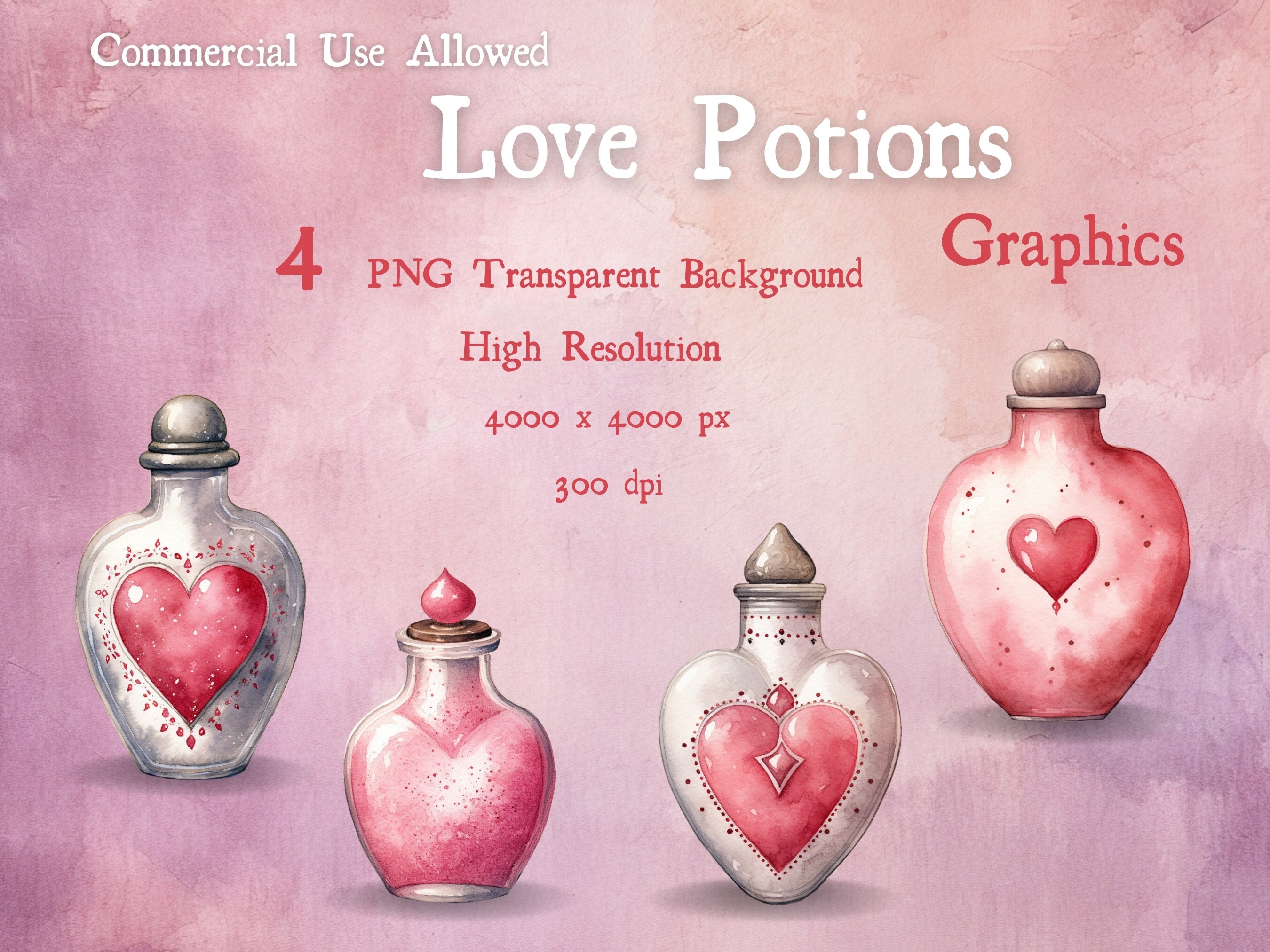 Love Potion Clip Art Set of 4 Images PNG Transparent Background Pink ...
