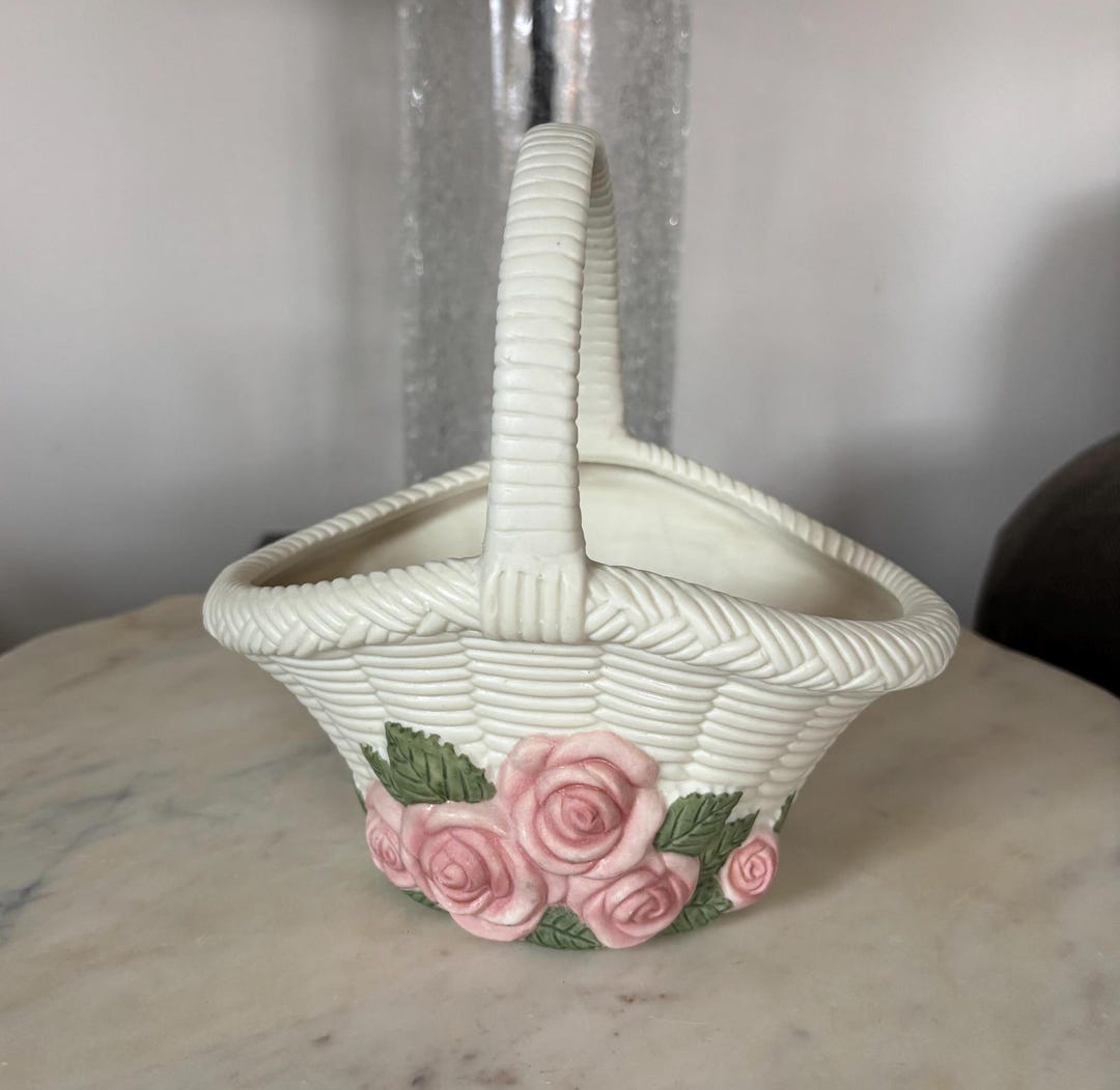 1980s Teleflora Ceramic Basket – Wicker Design With Pink Roses - Etsy