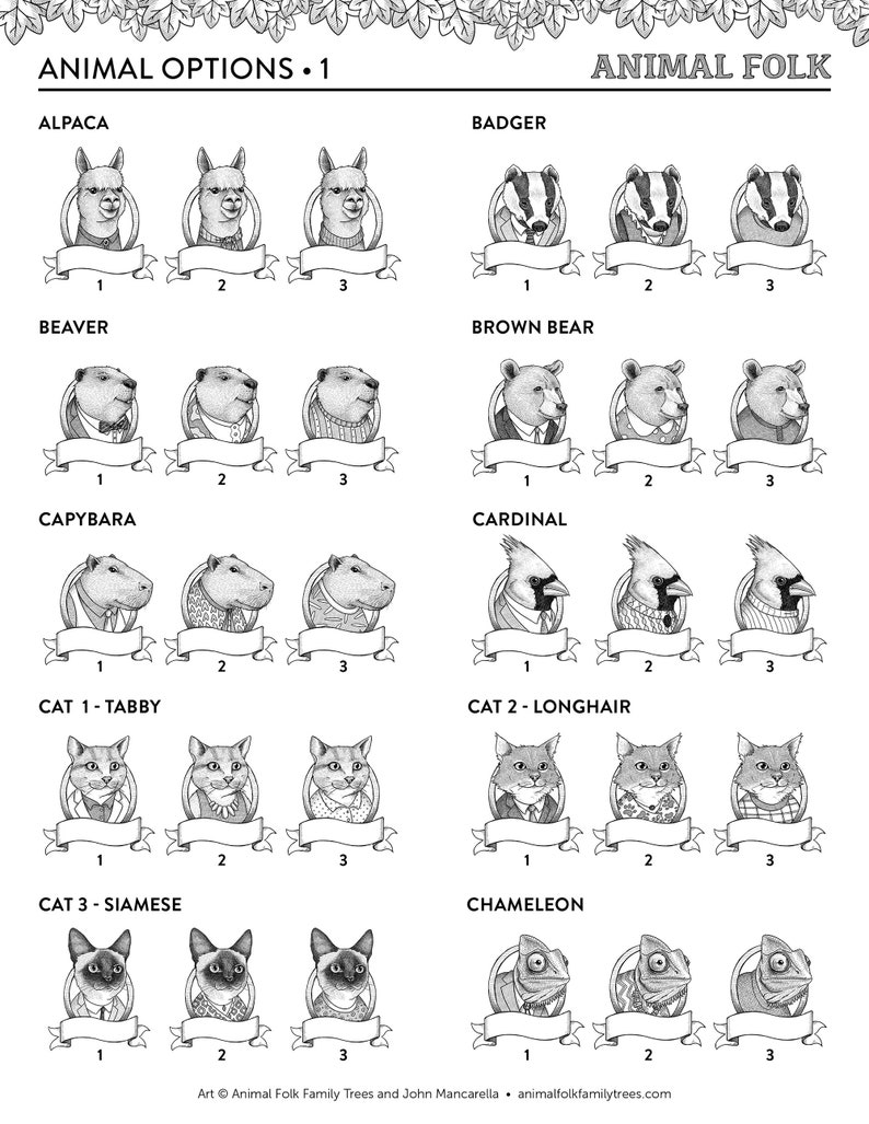 Personalized 4-generation Animal Family Tree Hand-drawn Animals ...