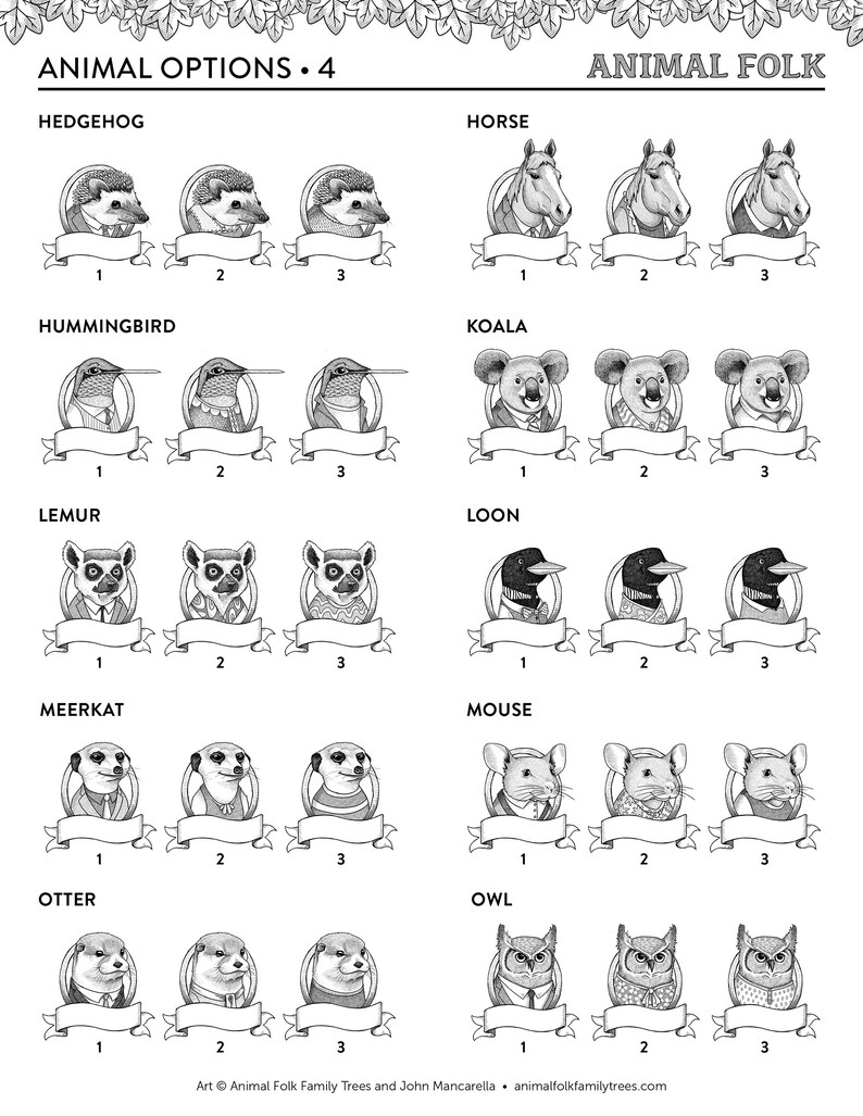 Personalized 4-generation Animal Family Tree | Hand-drawn Animals ...