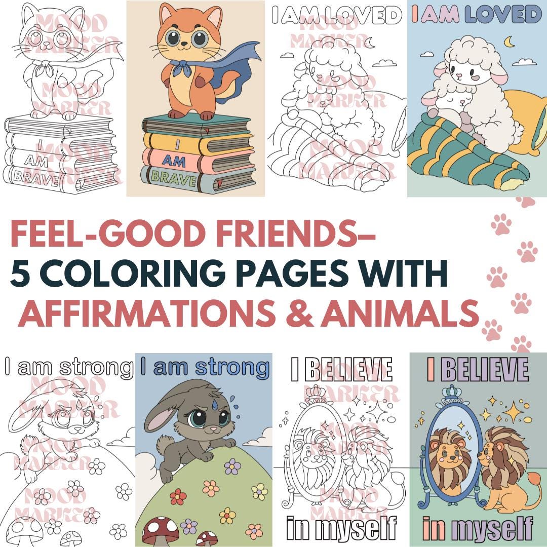 Kids Affirmation Coloring Pages – 5 Positive Animal Prints (PDF and PNG ...