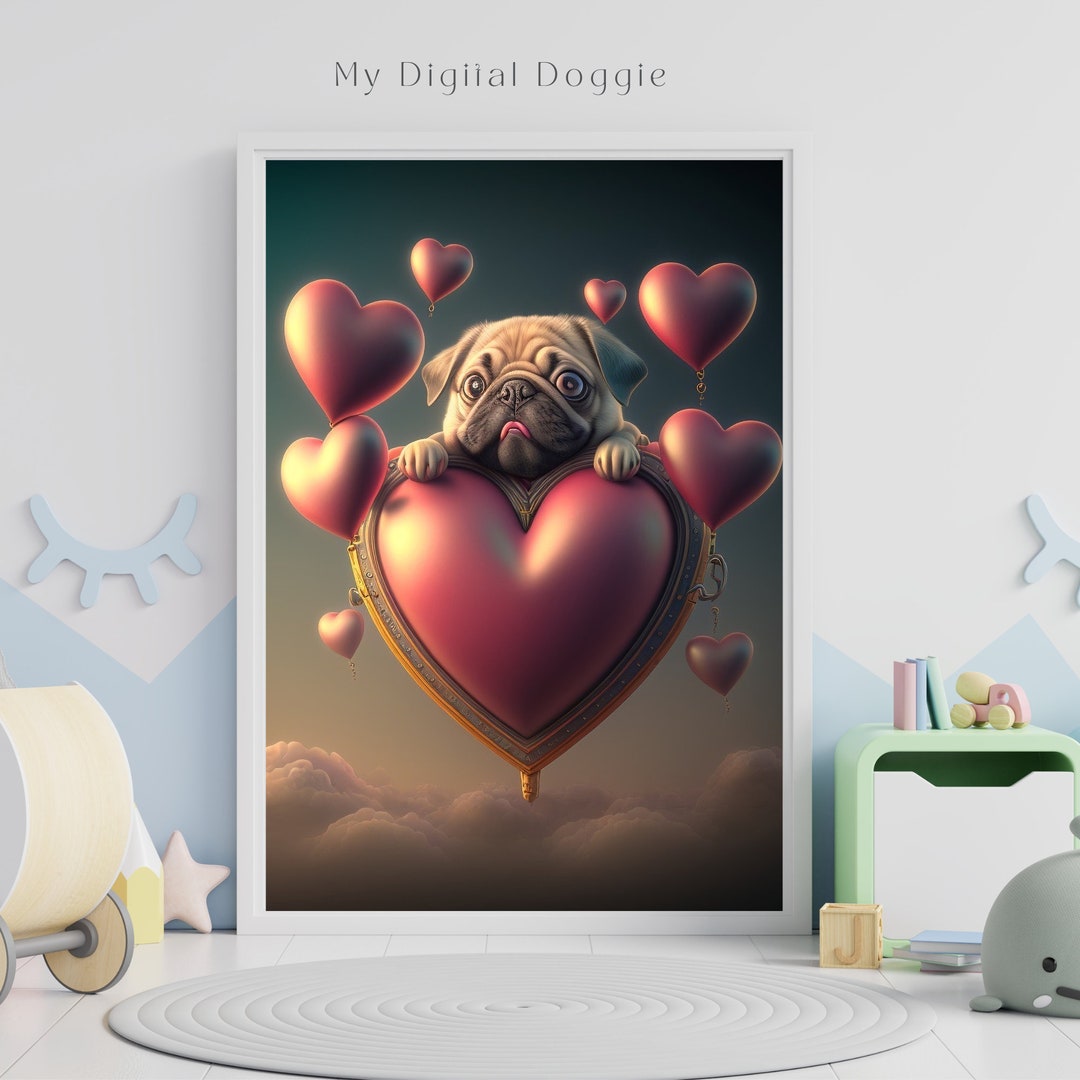 Digital Pug Dog Art Cute Valentine's Day Gift Home Decor Puppy ...