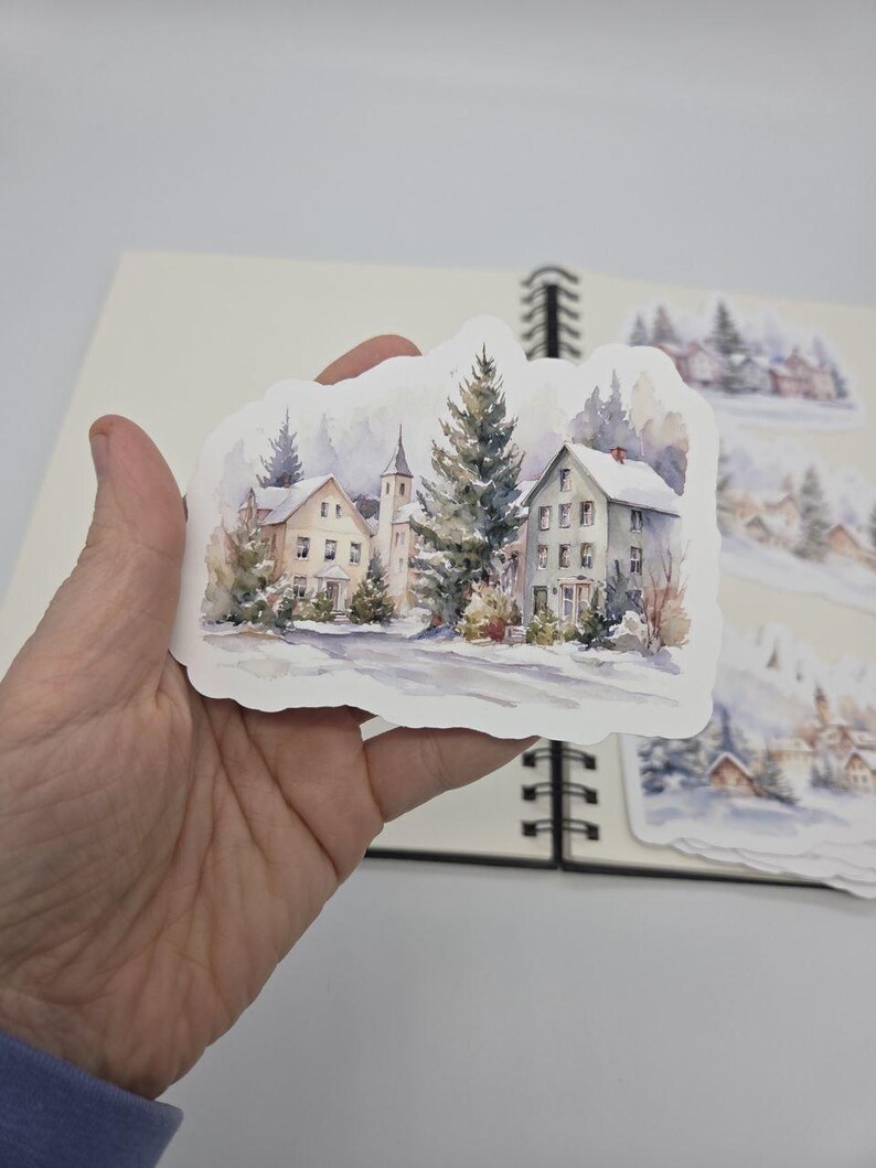 12 Cozy Winter Stickers, Snowy Village Houses, Large Watercolor Journal ...