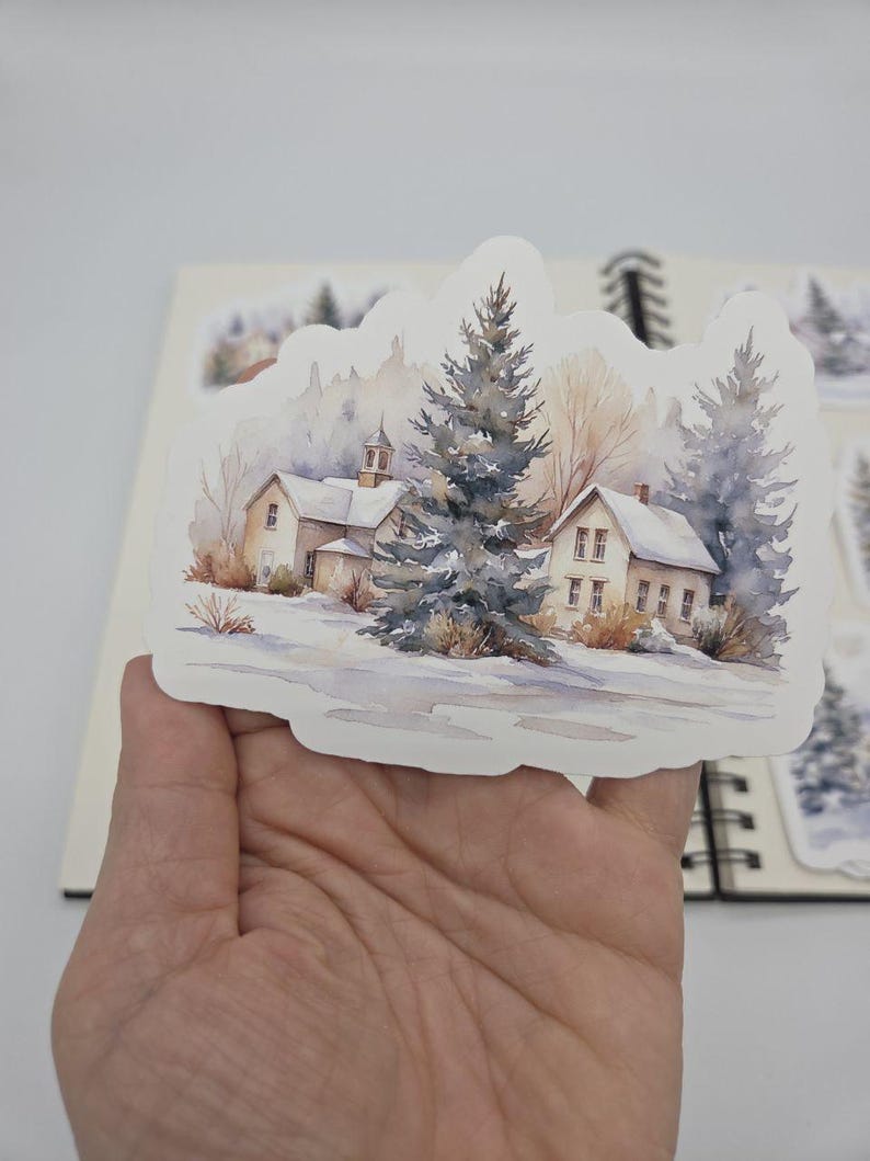 12 Cozy Winter Stickers, Snowy Village Houses, Large Watercolor Journal ...