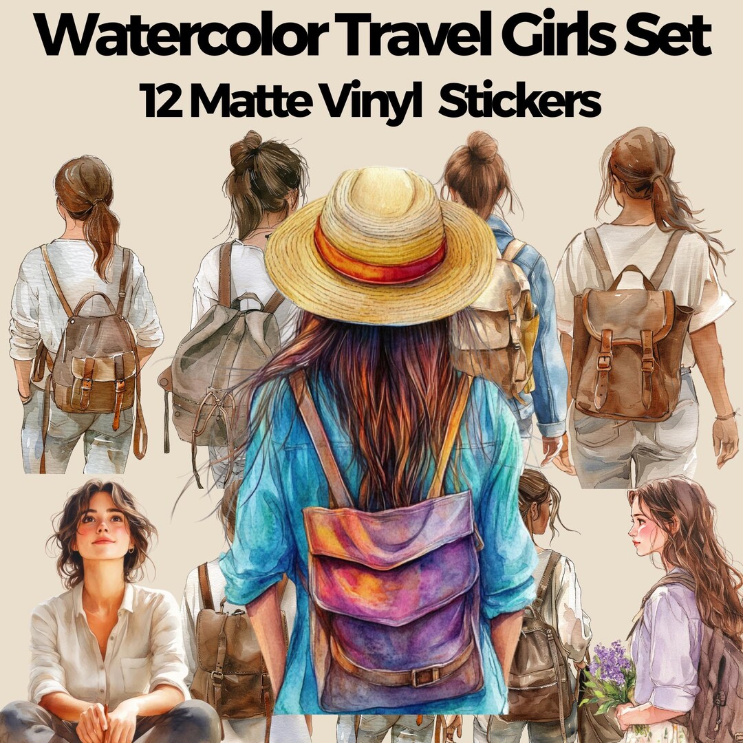 Watercolor Travel Girl Stickers – 12 Matte Vinyl Stickers (2.4 inch / 6 ...