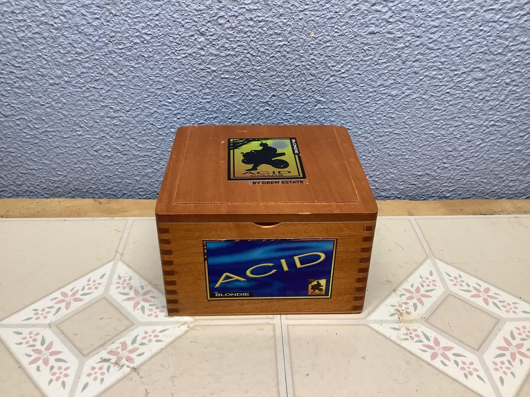 Wooden Cigar Box Colorful Reflective Blue & Gold Acid Cigar Labels by ...