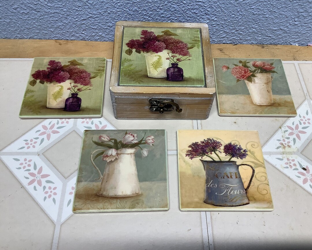 Flowered Ceramic Tile Coasters in Hand Made Wooden Box. BEAUTIFUL ...