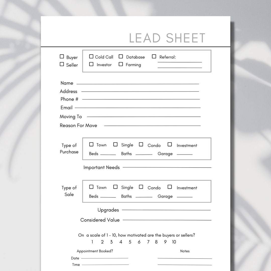 Lead Sheet for Realtor Real Estate Agents Brokers Sales | Make New ...