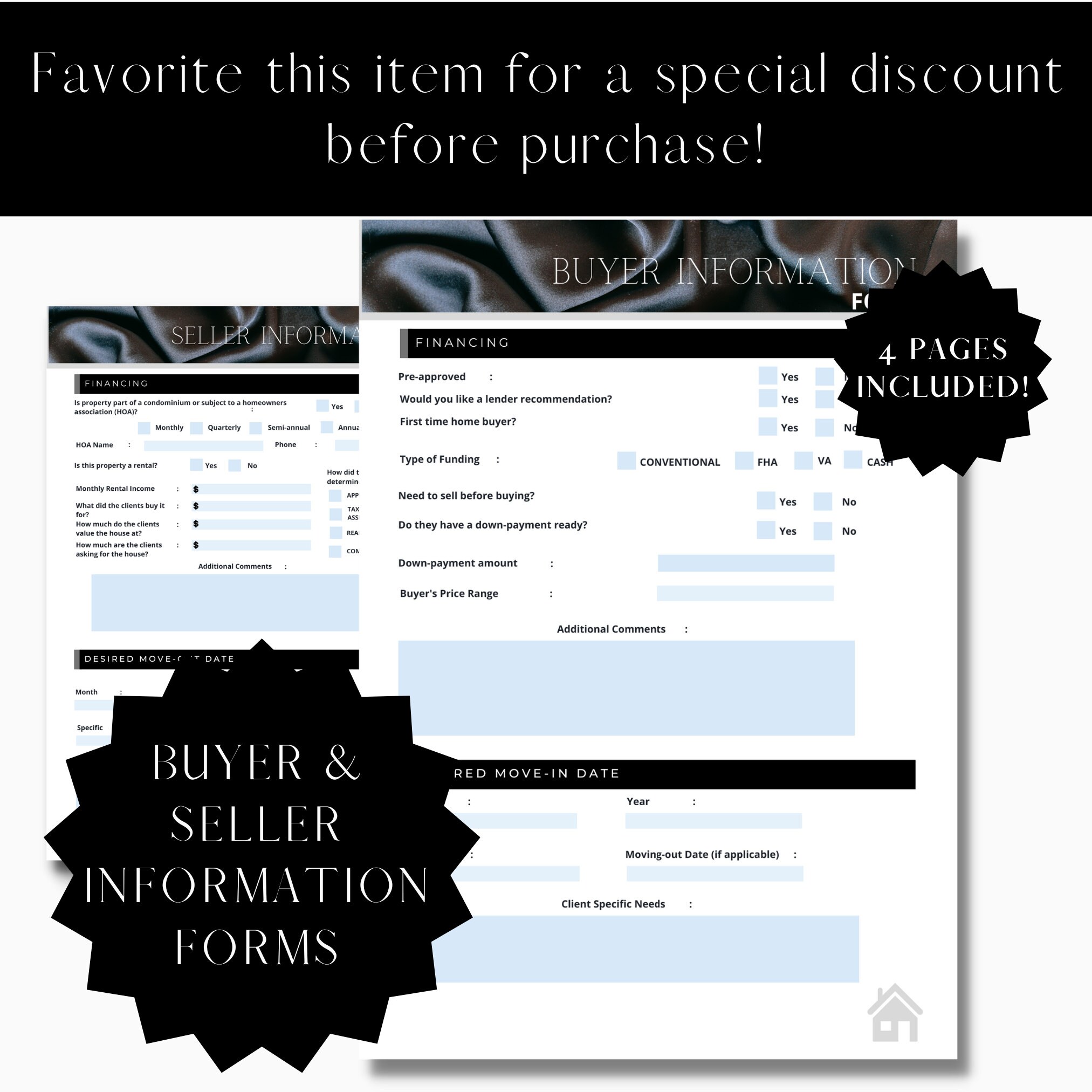 Buyer and Seller Information Forms 4-page Bundle for Realtors or Real ...