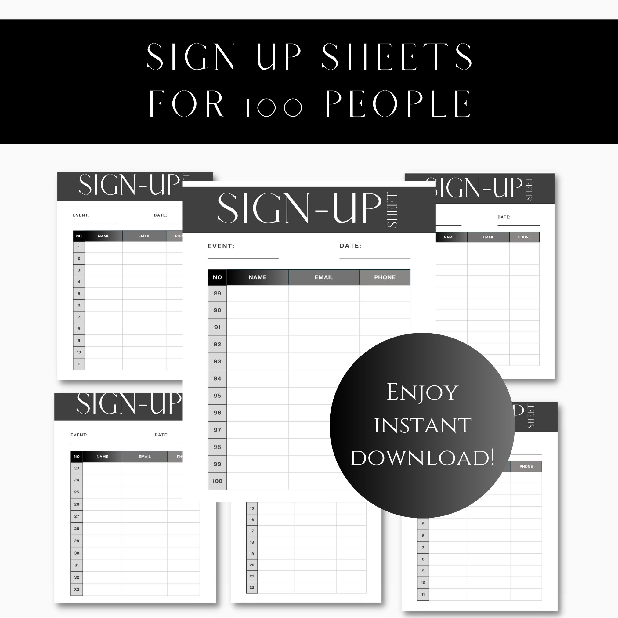 Sign up Sheets for 100 Names Business, Event, Volunteer Tracking ...