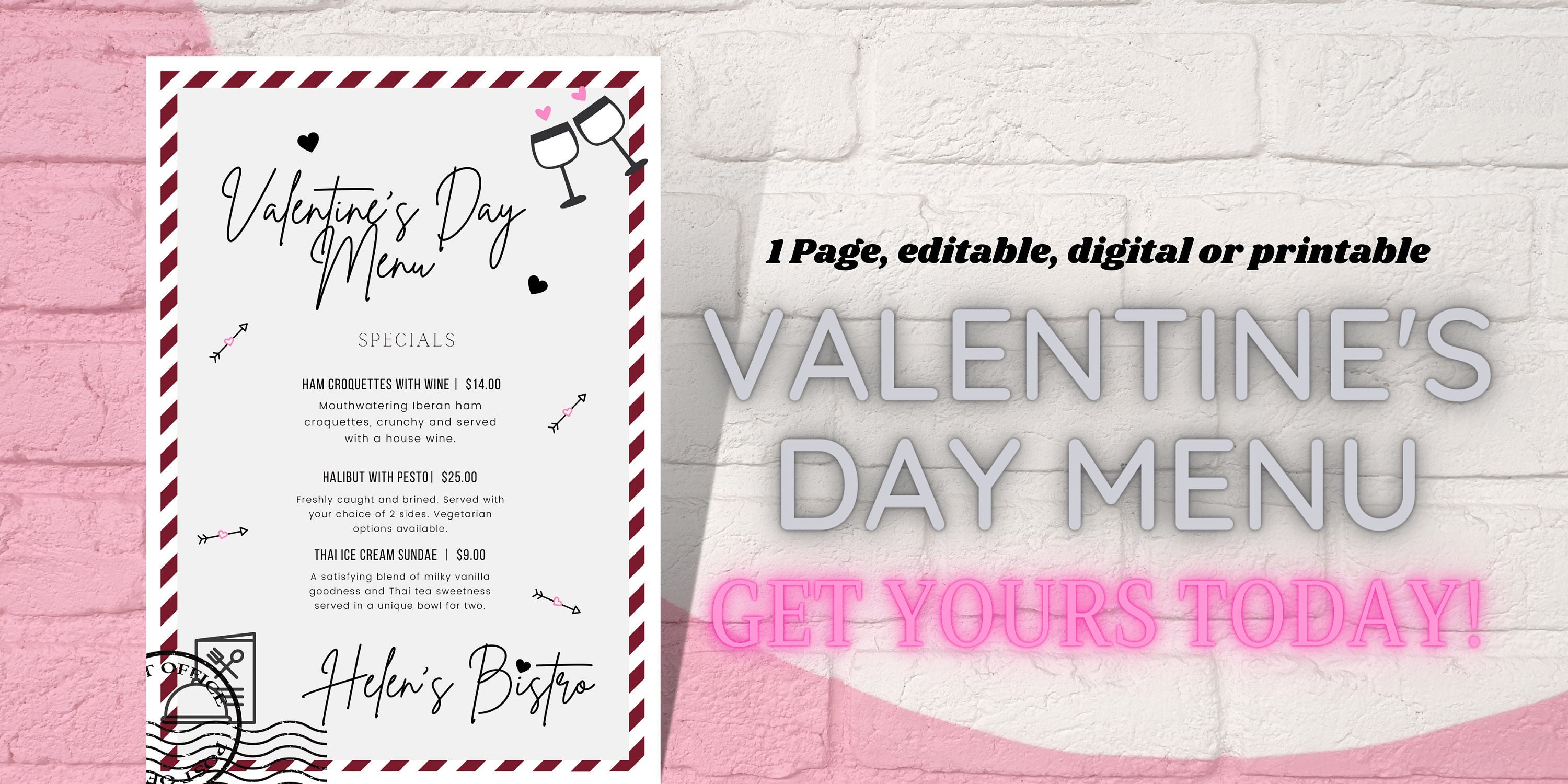 Romantic Dinner Menu Template | 1 Page | Digital Print Edit | Dinner ...