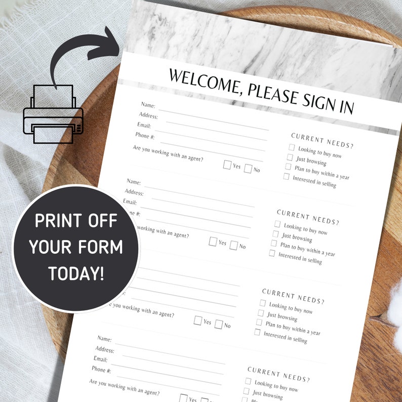 Open House Sign in Sheet | 1 Page Printable Real Estate Agent Form ...
