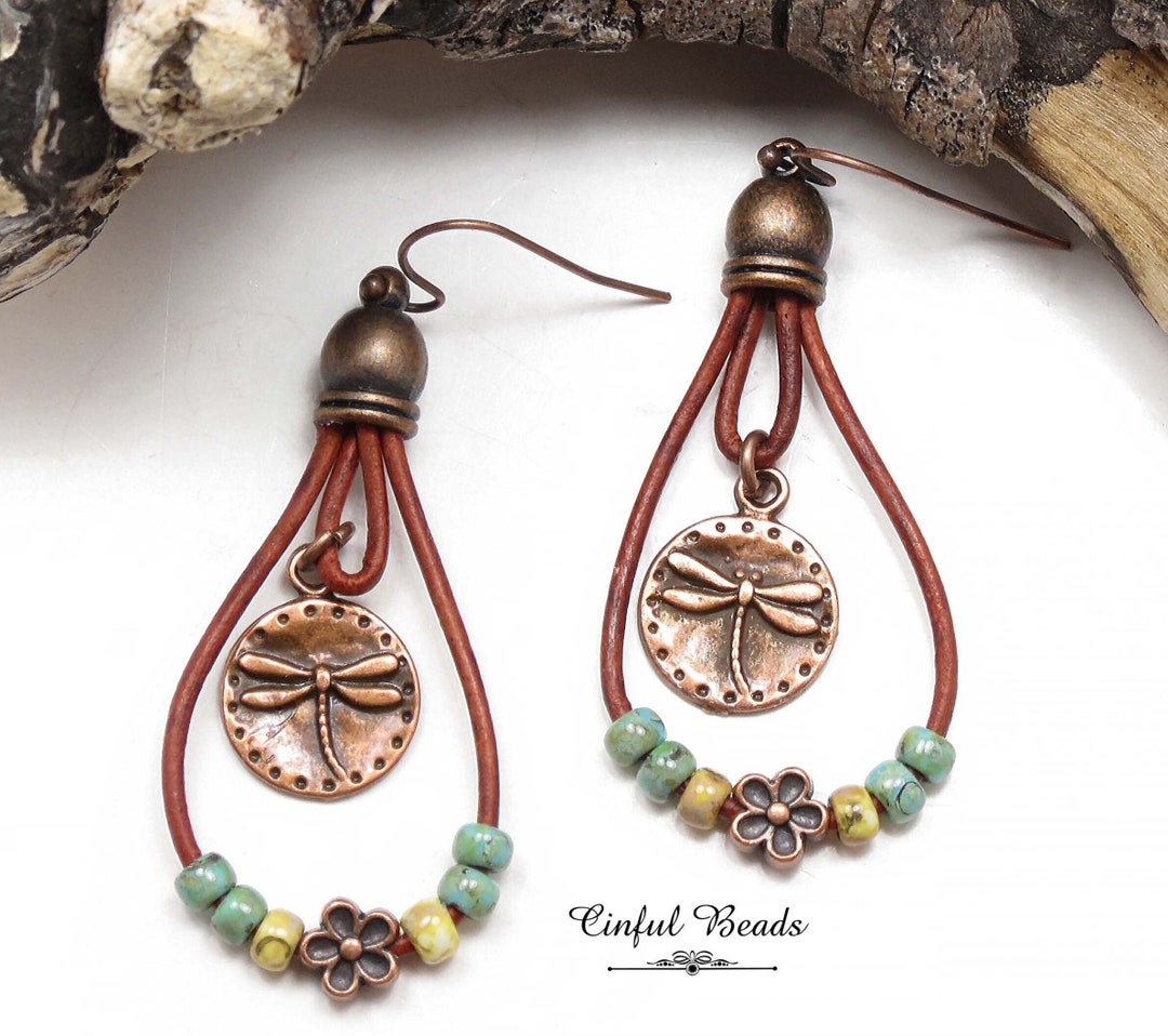 Boho Leather Dangle Earrings - Copper Dragonfly Leather Teardrop ...