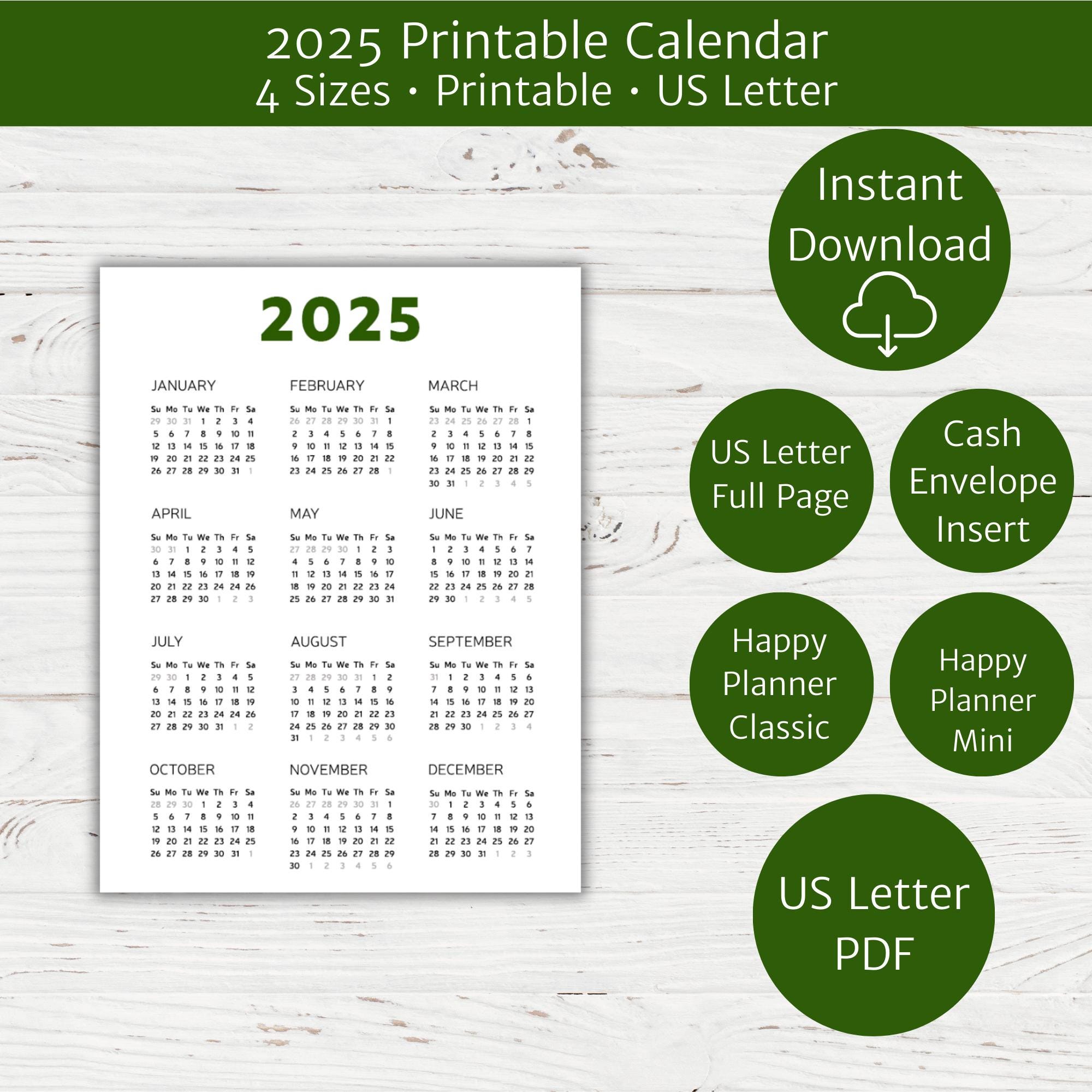 Green 2025 Calendar, 2025 Printable Calendar, 12 Month Desk Calendar ...