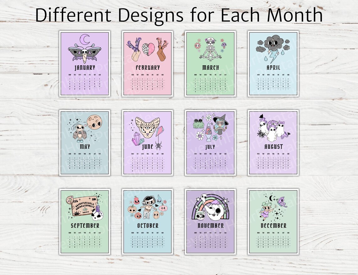 Pastel Goth Printable 2025 Calendar, Pastel Goth Planner, Monthly ...